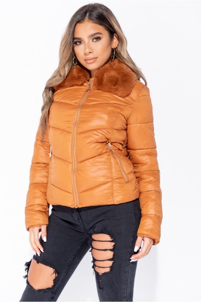 Rust Faux Fur Collar Padded Puffa Jacket – Walking closet shop
